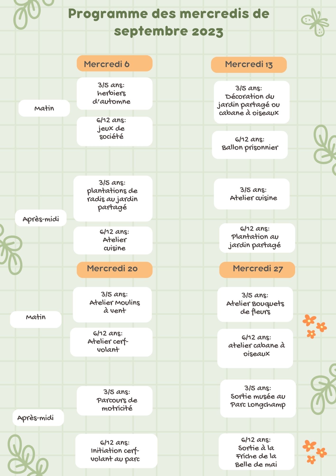 Programme des mercredis de septembre au centre aéré Programme des mercredis de septembre au centre aéré